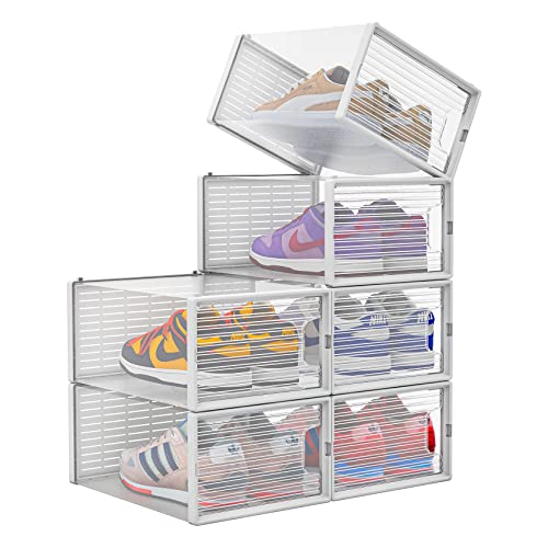 6 Pack Large Shoe Box Clear Plastic Stackable - Upgrade Shoe Organizer - Crystal Clear Shoe Storage Boxes - Premium Clear Shoe Boxes Stackable - Shoe Organizer for Closet -Sneaker Storage - Stackable Shoe Box Containers Bins Case White-Cajas Para Zapatos