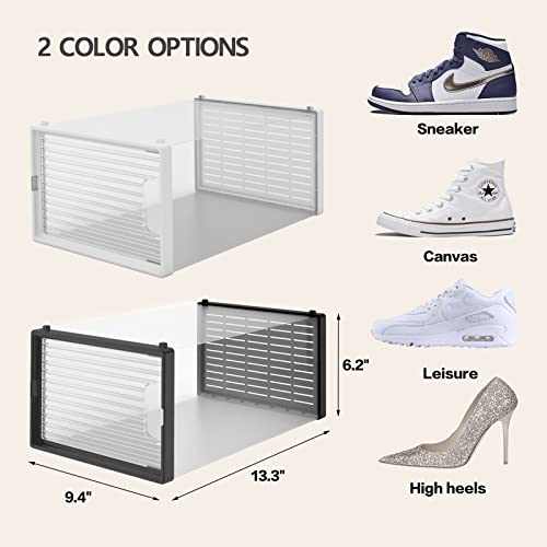 6 Pack Large Shoe Box Clear Plastic Stackable - Upgrade Shoe Organizer - Crystal Clear Shoe Storage Boxes - Premium Clear Shoe Boxes Stackable - Shoe Organizer for Closet -Sneaker Storage - Stackable Shoe Box Containers Bins Case White-Cajas Para Zapatos