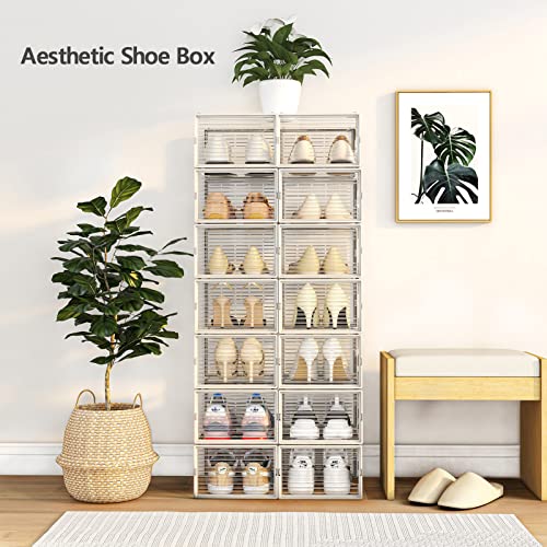 6 Pack Large Shoe Box Clear Plastic Stackable - Upgrade Shoe Organizer - Crystal Clear Shoe Storage Boxes - Premium Clear Shoe Boxes Stackable - Shoe Organizer for Closet -Sneaker Storage - Stackable Shoe Box Containers Bins Case White-Cajas Para Zapatos