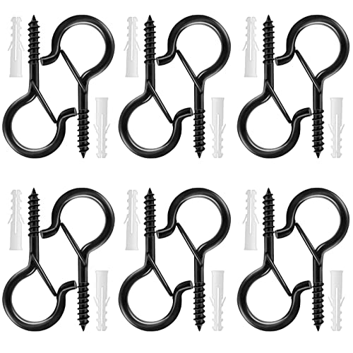 Screw Hooks for Hanging, 12 Packs Safety Buckle Design Q-Hanger for Outdoor String Lights, Outdoor Hooks for Hanging Plants Windproof Cup Hooks for Wind Chime and Baskets, Black