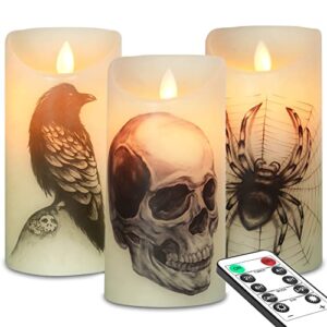 shymery halloween decorations indoor,halloween candles with remote timer,skull,spider web,crow decor raven decals,battery operated canldes for table witchy bathroom kitchen spooky home decoration