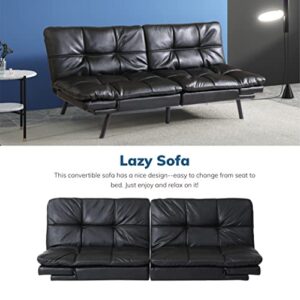 EGOHOME Futon Sofa Bed Faux Leather Sofa Couch, Convertible Sofa Loveseat with Adjustable Backrest and Armrest, Modern Futon Couch Bed for Studio, Apartment, Office and Dorm, Black