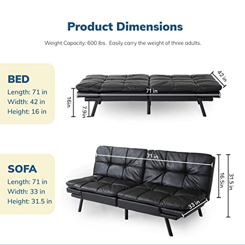 EGOHOME Futon Sofa Bed Faux Leather Sofa Couch, Convertible Sofa Loveseat with Adjustable Backrest and Armrest, Modern Futon Couch Bed for Studio, Apartment, Office and Dorm, Black