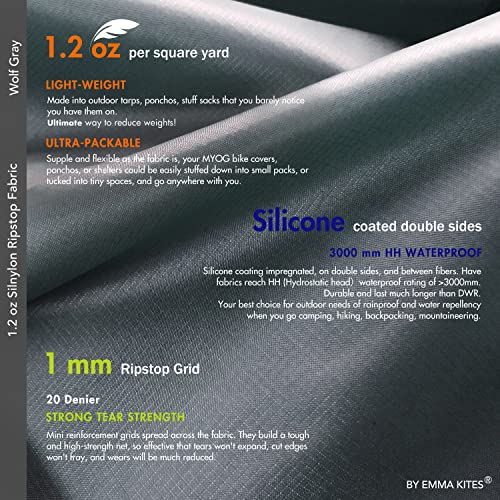 emma kites Wolf Gray 20D Ripstop Nylon Fabric Waterproof 1.2 oz Silnylon Silicone Coating Ultralight Tear Resistant for Tarp Tent Poncho Rainfly Pack Cover Stuff Gear Sack Pre-Cut 1 Yard (60"x36")