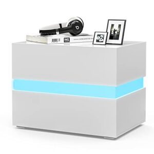 IKIFLY Modern LED End Table with 2 Drawers, High Glossy Nightstand with Storage Cabinet, Bedside for Bedroom Furniture