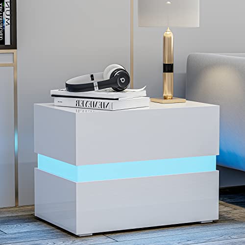 IKIFLY Modern LED End Table with 2 Drawers, High Glossy Nightstand with Storage Cabinet, Bedside for Bedroom Furniture