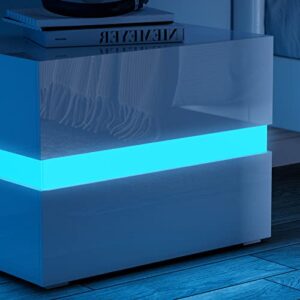 IKIFLY Modern LED End Table with 2 Drawers, High Glossy Nightstand with Storage Cabinet, Bedside for Bedroom Furniture