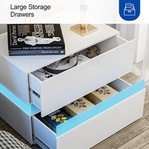 IKIFLY Modern LED End Table with 2 Drawers, High Glossy Nightstand with Storage Cabinet, Bedside for Bedroom Furniture