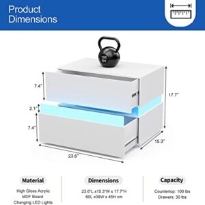 IKIFLY Modern LED End Table with 2 Drawers, High Glossy Nightstand with Storage Cabinet, Bedside for Bedroom Furniture