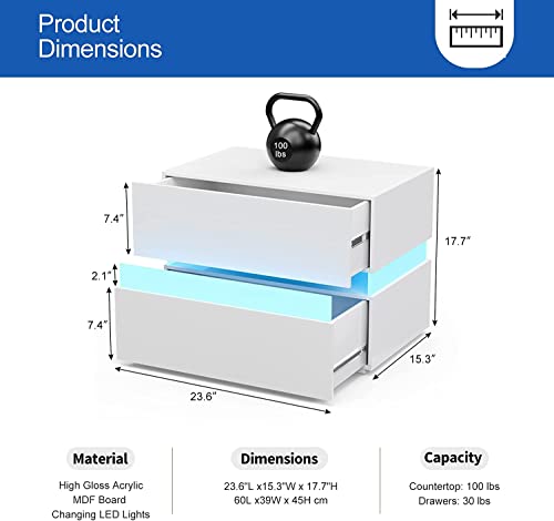 IKIFLY Modern LED End Table with 2 Drawers, High Glossy Nightstand with Storage Cabinet, Bedside for Bedroom Furniture