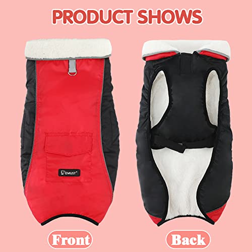 EMUST Winter Dog Jackets,Adjustable Dog Winter Clothes with Leash Ring,Reflective Small/Medium/Large Cold Weather Dog Coat, 6 Colors 6 Sizes (L, Red)