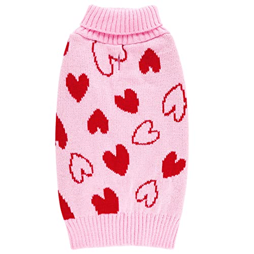 cyeollo Small Dog Sweater Heart Pattern Mothers Day Dog Clothes with Leash Hole Pullover Turtleneck Holiday Pet Apparel Pink