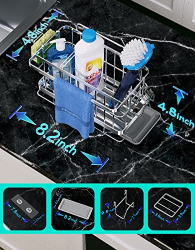 HapiRm Kitchen Sink Caddy with Adjustable Partitions, SUS304 Stainless Steel Kitchen Sponge Holder with Drain Tray, Wall Mounted and Countertop Dual-Use Kitchen Sink Organizer for Kitchen-Silver