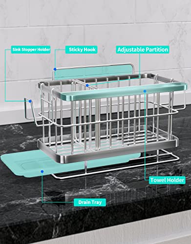 HapiRm Kitchen Sink Caddy with Adjustable Partitions, SUS304 Stainless Steel Kitchen Sponge Holder with Drain Tray, Wall Mounted and Countertop Dual-Use Kitchen Sink Organizer for Kitchen-Silver