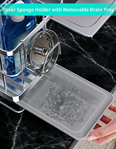 HapiRm Kitchen Sink Caddy with Adjustable Partitions, SUS304 Stainless Steel Kitchen Sponge Holder with Drain Tray, Wall Mounted and Countertop Dual-Use Kitchen Sink Organizer for Kitchen-Silver