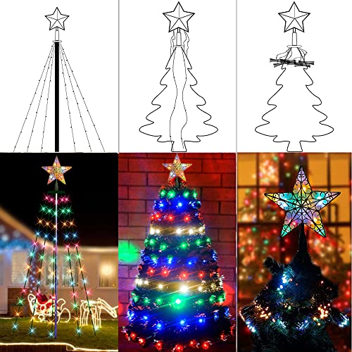 Dazzle Bright Christmas Tree Lights with Star Topper, 300 LED Waterfall Tree Lights with Remote & 11 Modes, 6.6FT X 12 Lines Christmas Lights for Outdoor Yard Xmas Tree (Warm White & Multi-Colored)