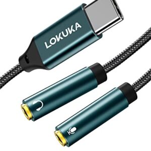 LOKUKA USB C to 2 TRS 3.5mm Headphone Mic Splitter Adapter, Build-in Hi-Res DAC Chip for Dual-Plug PC Gaming Headset to Type-C Laptop, Tablet, Mobile Phone, PS5, and More (12 inch)