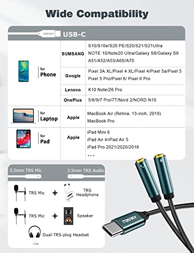 LOKUKA USB C to 2 TRS 3.5mm Headphone Mic Splitter Adapter, Build-in Hi-Res DAC Chip for Dual-Plug PC Gaming Headset to Type-C Laptop, Tablet, Mobile Phone, PS5, and More (12 inch)