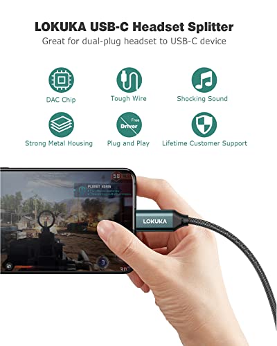 LOKUKA USB C to 2 TRS 3.5mm Headphone Mic Splitter Adapter, Build-in Hi-Res DAC Chip for Dual-Plug PC Gaming Headset to Type-C Laptop, Tablet, Mobile Phone, PS5, and More (12 inch)