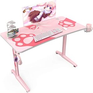 doublewin pink gaming desk, 47 inch gaming table i shaped gaming computer desk for girls, home office pc computer table gaming desk pink with cup holder headphone hook and gaming handle rack