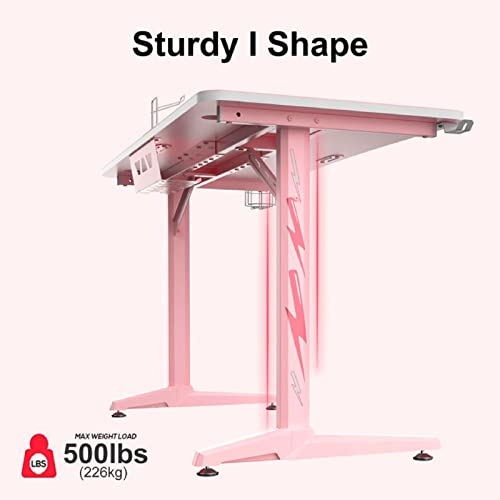 DoubleWin Pink Gaming Desk, 47 inch Gaming Table I Shaped Gaming Computer Desk for Girls, Home Office PC Computer Table Gaming Desk Pink with Cup Holder Headphone Hook and Gaming Handle Rack