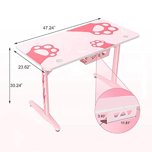 DoubleWin Pink Gaming Desk, 47 inch Gaming Table I Shaped Gaming Computer Desk for Girls, Home Office PC Computer Table Gaming Desk Pink with Cup Holder Headphone Hook and Gaming Handle Rack