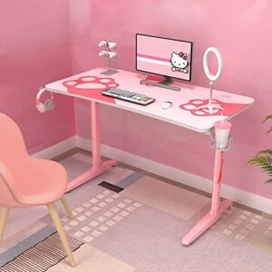 DoubleWin Pink Gaming Desk, 47 inch Gaming Table I Shaped Gaming Computer Desk for Girls, Home Office PC Computer Table Gaming Desk Pink with Cup Holder Headphone Hook and Gaming Handle Rack