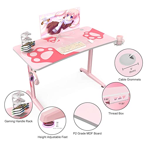 DoubleWin Pink Gaming Desk, 47 inch Gaming Table I Shaped Gaming Computer Desk for Girls, Home Office PC Computer Table Gaming Desk Pink with Cup Holder Headphone Hook and Gaming Handle Rack