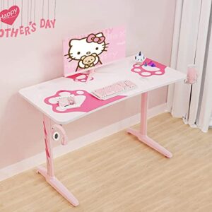 DoubleWin Pink Gaming Desk, 47 inch Gaming Table I Shaped Gaming Computer Desk for Girls, Home Office PC Computer Table Gaming Desk Pink with Cup Holder Headphone Hook and Gaming Handle Rack