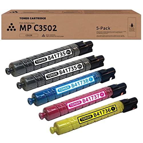 JUHASG MP C3502 841735 841738 841737 841736 Compatible Toner Cartridge Replacement for Ricoh Savin MP C3002 C3502 Aficio MP C3002 C3502 Printer(5 Pack, 2BK/C/M/Y)