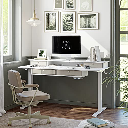 FEZIBO Standing Desk with 4 Drawers White Color/White Frame 55inch