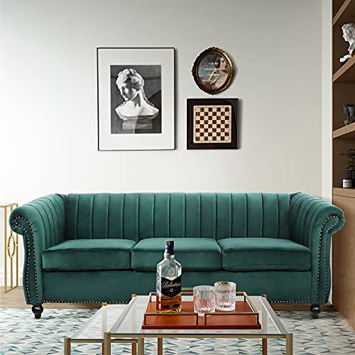 QHITTY Velvet Sofa, 84” Chesterfield Sofa Upholstered 3 Seater Large Sofa with Removable Cushions and Rolled Arm for Living Room, Dorm, Office (Dark Green)