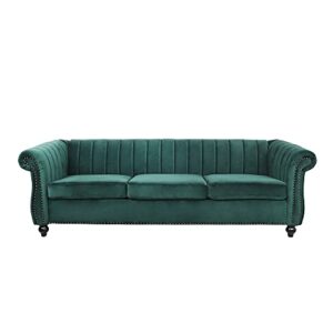 QHITTY Velvet Sofa, 84” Chesterfield Sofa Upholstered 3 Seater Large Sofa with Removable Cushions and Rolled Arm for Living Room, Dorm, Office (Dark Green)