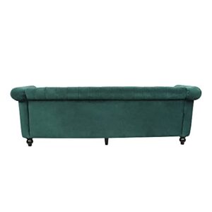 QHITTY Velvet Sofa, 84” Chesterfield Sofa Upholstered 3 Seater Large Sofa with Removable Cushions and Rolled Arm for Living Room, Dorm, Office (Dark Green)