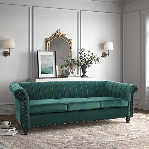 QHITTY Velvet Sofa, 84” Chesterfield Sofa Upholstered 3 Seater Large Sofa with Removable Cushions and Rolled Arm for Living Room, Dorm, Office (Dark Green)