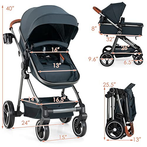 INFANS 2 in 1 High Landscape Convertible Baby Stroller, Newborn Reversible Bassinet Pram, Foldable Pushchair with Adjustable Canopy, Aluminum Structure, 5-Point Harness for Infant & Toddler (Black)