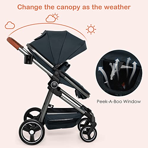 INFANS 2 in 1 High Landscape Convertible Baby Stroller, Newborn Reversible Bassinet Pram, Foldable Pushchair with Adjustable Canopy, Aluminum Structure, 5-Point Harness for Infant & Toddler (Black)