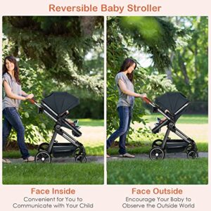 INFANS 2 in 1 High Landscape Convertible Baby Stroller, Newborn Reversible Bassinet Pram, Foldable Pushchair with Adjustable Canopy, Aluminum Structure, 5-Point Harness for Infant & Toddler (Black)