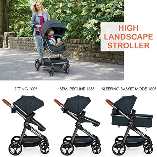 INFANS 2 in 1 High Landscape Convertible Baby Stroller, Newborn Reversible Bassinet Pram, Foldable Pushchair with Adjustable Canopy, Aluminum Structure, 5-Point Harness for Infant & Toddler (Black)