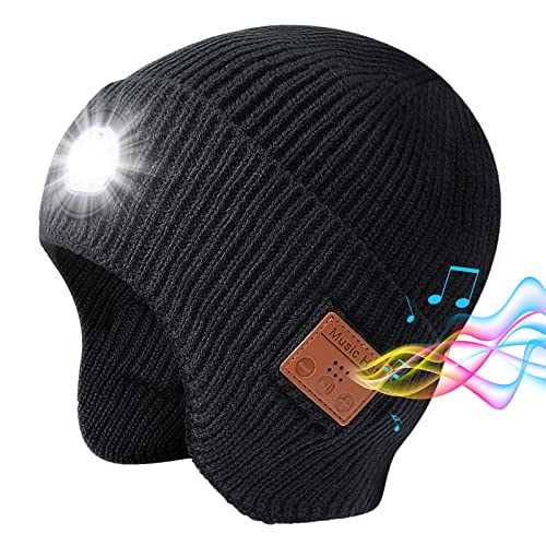 Bluetooth Beanie Hat with Light, Built-in Wireless Headphones LED Light - USB Rechargeable Bluetooth Hat | Unique Birthday Tech Gifts for Men and Women (Black)