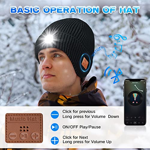 Bluetooth Beanie Hat with Light, Built-in Wireless Headphones LED Light - USB Rechargeable Bluetooth Hat | Unique Birthday Tech Gifts for Men and Women (Black)