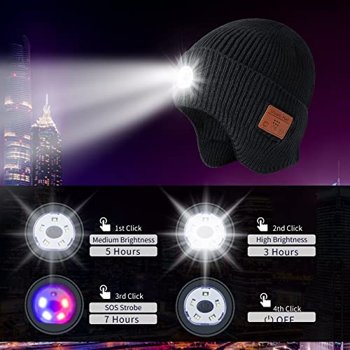 Bluetooth Beanie Hat with Light, Built-in Wireless Headphones LED Light - USB Rechargeable Bluetooth Hat | Unique Birthday Tech Gifts for Men and Women (Black)