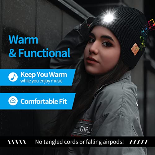 Bluetooth Beanie Hat with Light, Built-in Wireless Headphones LED Light - USB Rechargeable Bluetooth Hat | Unique Birthday Tech Gifts for Men and Women (Black)