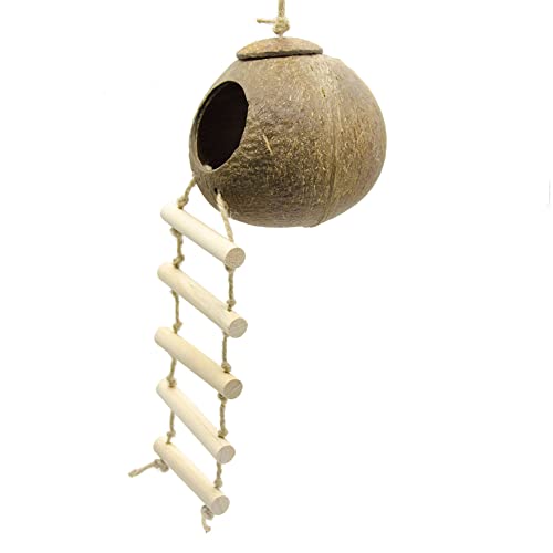 EastVita Coconut Bird Nest Hut with Ladder Hanging,Hanging Coconut Bird House Parrot Natural Coconut Shell Bird Nest Hideout House Playpen for Pet Parrot Budgies Parakeet Lovebird Finch Canary