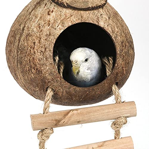 EastVita Coconut Bird Nest Hut with Ladder Hanging,Hanging Coconut Bird House Parrot Natural Coconut Shell Bird Nest Hideout House Playpen for Pet Parrot Budgies Parakeet Lovebird Finch Canary