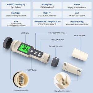 Yewhick Digital Salinity Tester for Saltwater, Waterproof Pool Salt Tester, 4 in 1 Salt/EC/TDS/Temp Meter, High Accuracy Saltwater Tester with ATC for Saltwater Pool, Aquarium, Koi Fish Pond