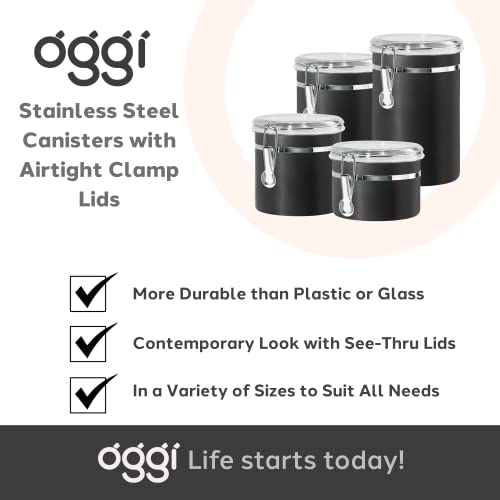 Oggi Stainless Steel Kitchen Canister 26oz, Black - Airtight Clamp Lid, Clear See-Thru Top - Ideal for Kitchen Storage, Food Storage, Pantry Storage. Size 5" x 3.5". (5300.3)