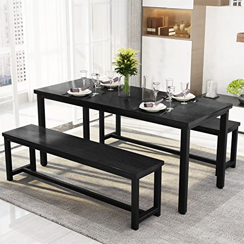 Recaceik 47" Dining Room Table Set with 2 Benches, Kitchen Dining Table Set for 4 Persons, Space Saving Kitchen Table and Chair Set for Dining Room, Small Space, Breakfast Nook(Black)