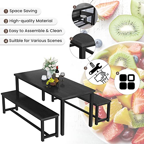 Recaceik 47" Dining Room Table Set with 2 Benches, Kitchen Dining Table Set for 4 Persons, Space Saving Kitchen Table and Chair Set for Dining Room, Small Space, Breakfast Nook(Black)