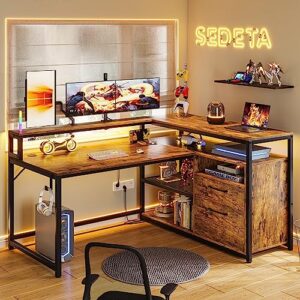 sedeta l shaped computer desk, 59'' corner office desk, office desk with drawers, legal/letter/a4 file drawers, headphone hook and monitor shelf, home office desks for printer, rustic brown